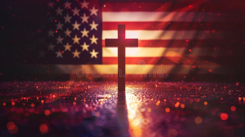 Illuminated Cross Centered on American Flag, Creating a Striking Visual ...