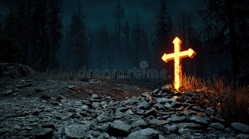 Illuminated Cross in a Dark Forest Setting with Rocks and Greenery ...
