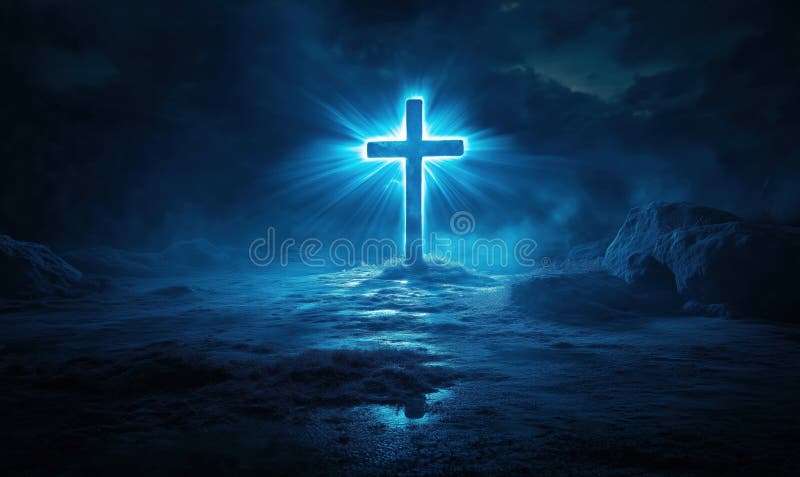 Illuminated Cross in Dark Landscape with Glowing Blue Light and ...