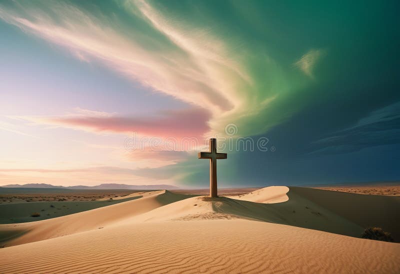 Illuminated Cross in Desert Sunset Stock Illustration - Illustration of ...