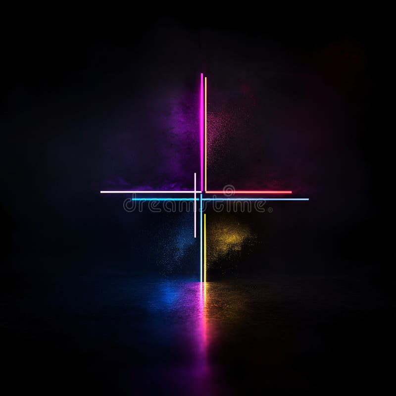 Illuminated Cross: Neon Lights Intersecting in a Dark Reflective Space ...