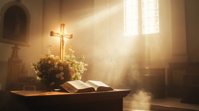 An Illuminated Cross and Open Bible on an Altar Radiating Faith and ...