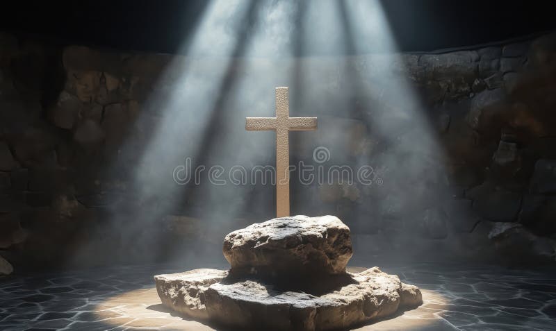 Illuminated Cross on Rock in Dimly Lit Cave with Rays of Light Stock ...