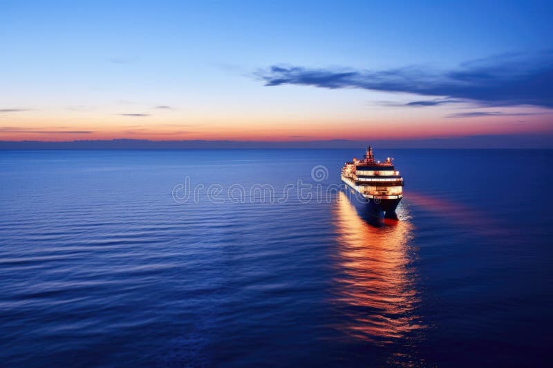Illuminated Cruise Ship Cruising the Open Sea at Twilight Stock Image ...