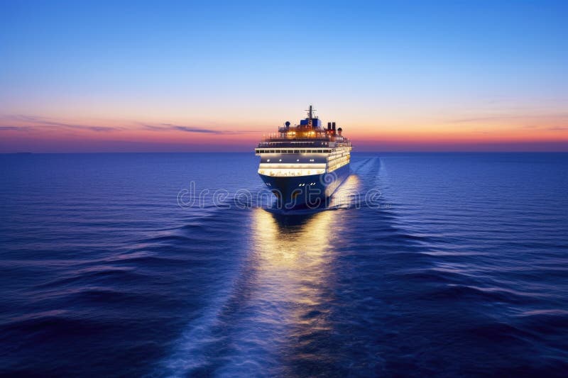 Illuminated Cruise Ship Cruising the Open Sea at Twilight Stock Photo ...