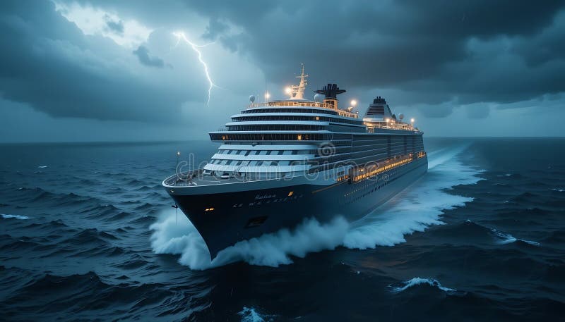 Illuminated Cruise Ship Sailing through Stormy Seas with Lightning ...