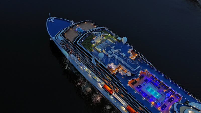 Illuminated Cruise Ship in Sea at Night Stock Photo - Image of ...