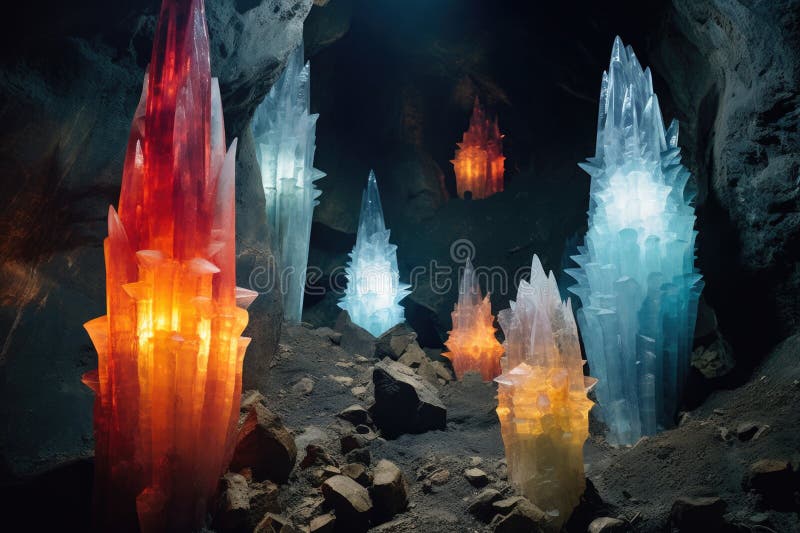 Illuminated Crystal Formations in a Dark Cave Stock Illustration ...