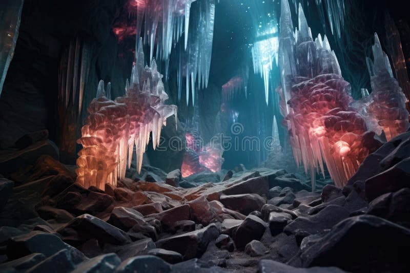 Illuminated Crystal Formations in a Dark Cave Stock Illustration ...
