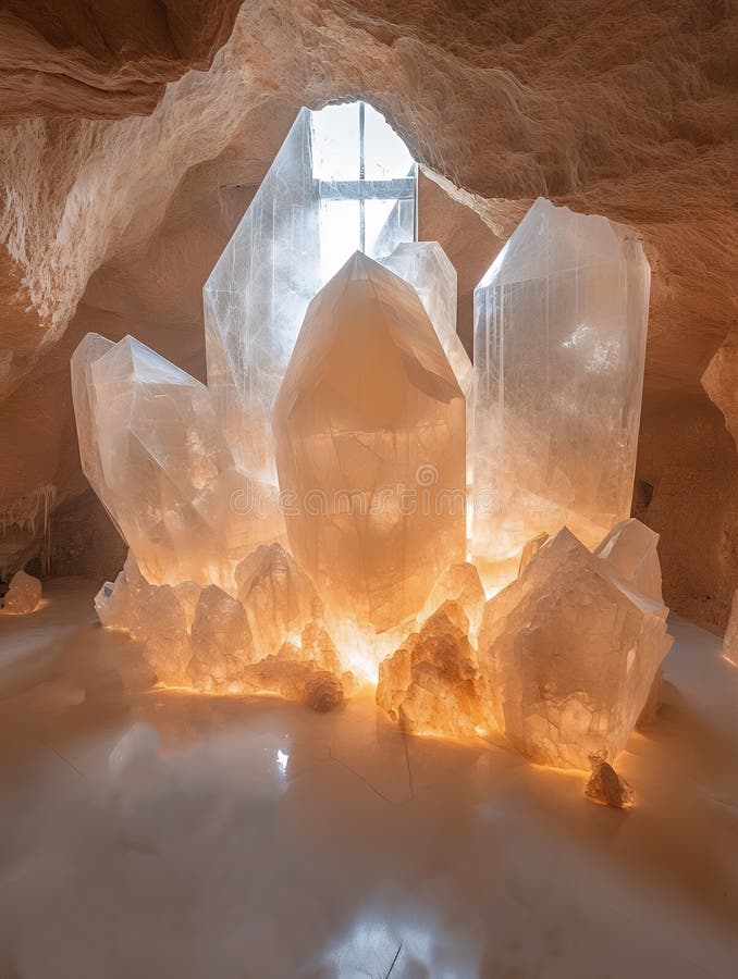 Illuminated Crystal Formations Inside a Cave with a Window Letting in ...