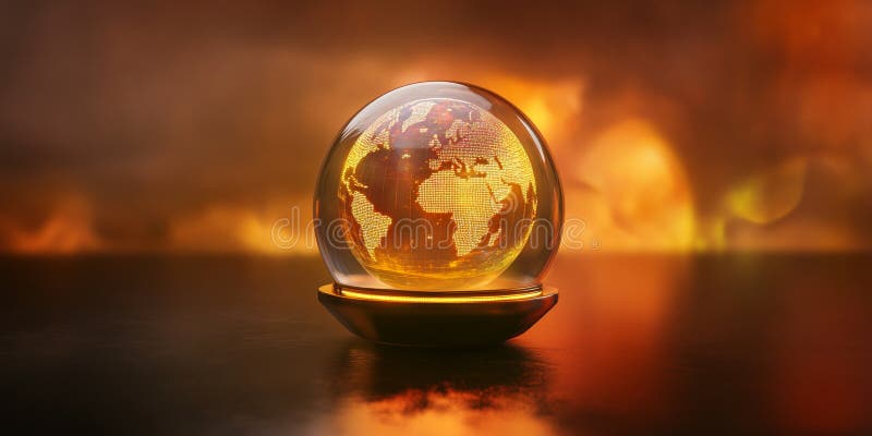 Illuminated Crystal Globe Representing Earth Against a Dramatic Fiery ...