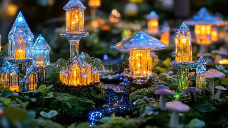 Illuminated Crystal Miniature Village at Night Stock Illustration ...