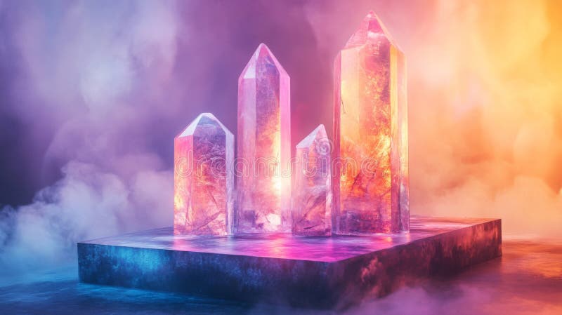 Illuminated Crystal Pillars on Dark Platform Amidst Smoke Stock ...