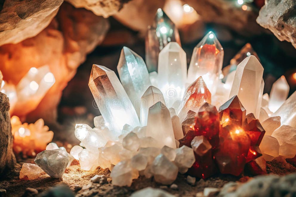 Illuminated Crystals in a Cave Setting Stock Illustration ...