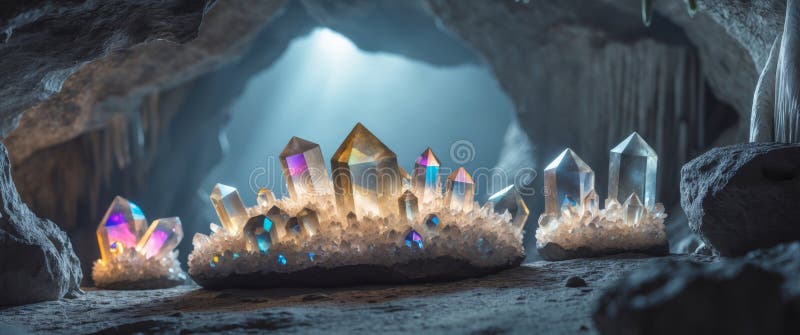 Illuminated Crystals in a Mysterious Underground Cave Setting Stock ...