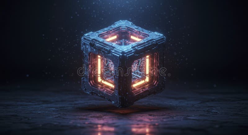 Illuminated Cube Abstract Technology Glowing Object on Dark Surface ...