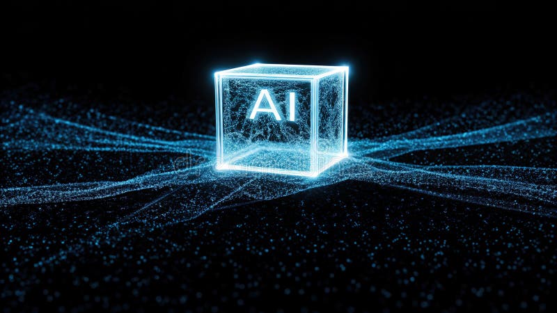 Illuminated Cube Displays AI on Particle Wave Backdrop, Suggesting Artificial Intelligence ...