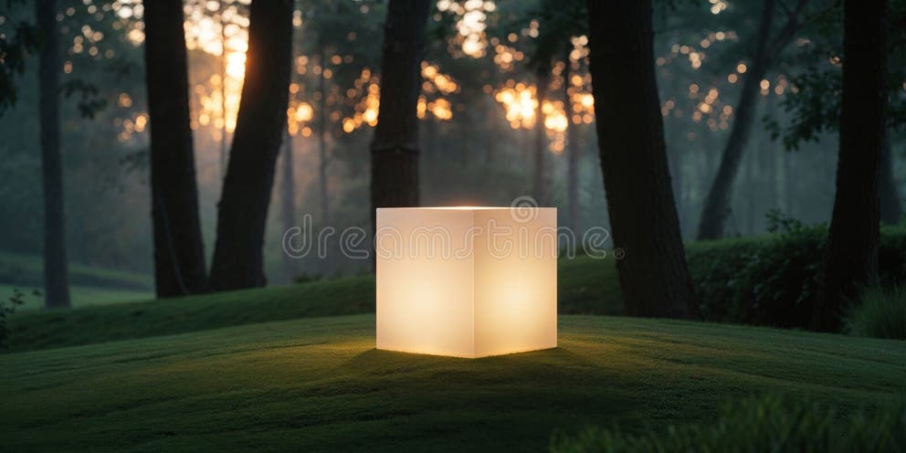 Illuminated Cube Lamp in Serene Garden at Dusk. Stock Photo - Image of ...
