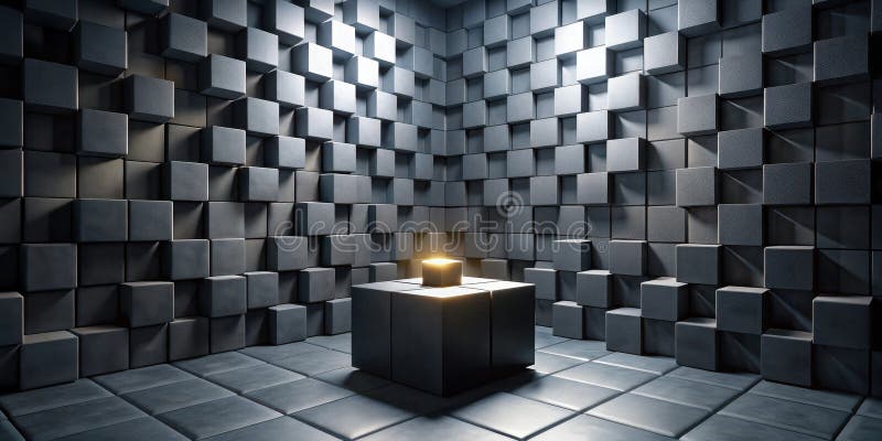 Illuminated Cube on a Platform within a Geometric Room of Grey Blocks ...