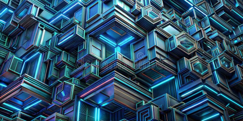 Illuminated Cubes in a Futuristic Digital World with Neon Blue ...