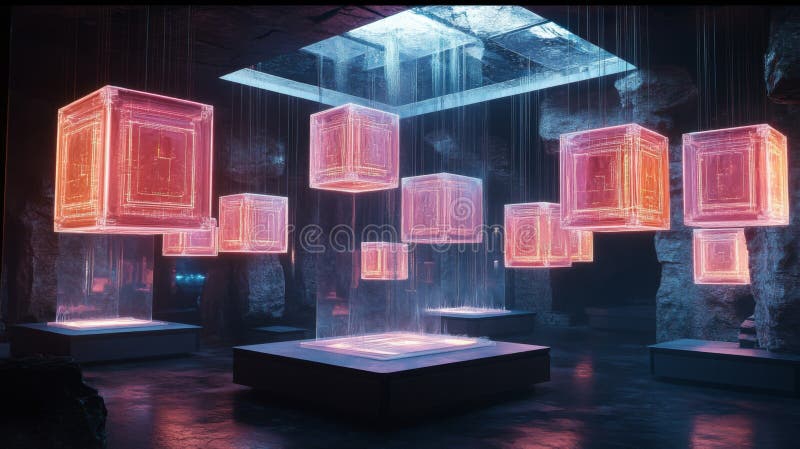 Illuminated Cubes Suspended in a Dark Cave Setting Stock Illustration ...