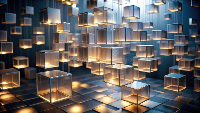 Illuminated Cubic Structures Suspended in a Dark Setting. Generative AI Stock Illustration ...