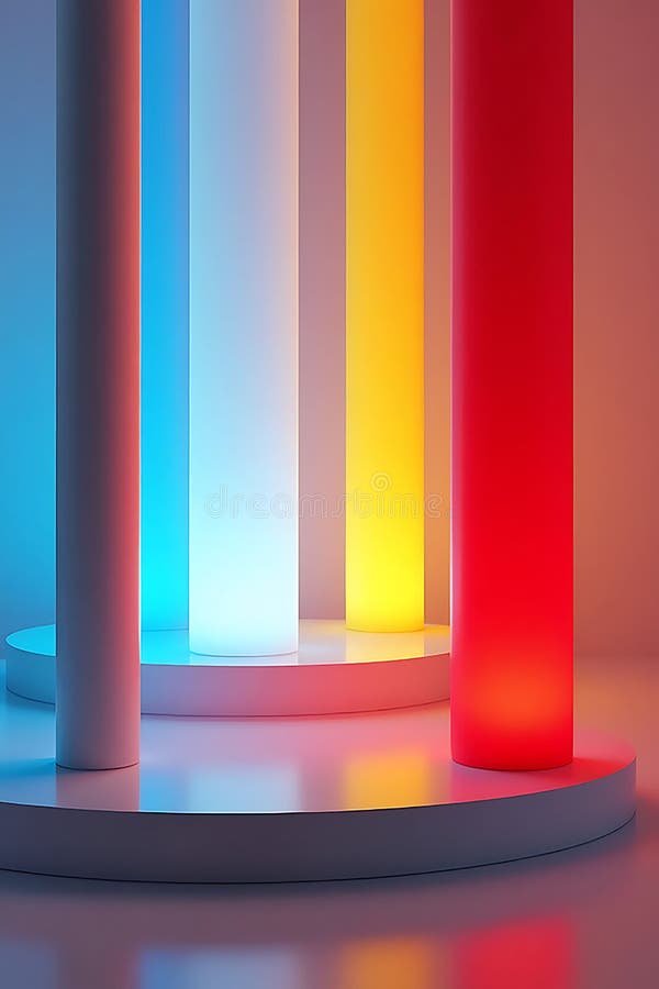 Illuminated Cylinders on Circular Platforms Red Blue Yellow White Stock ...