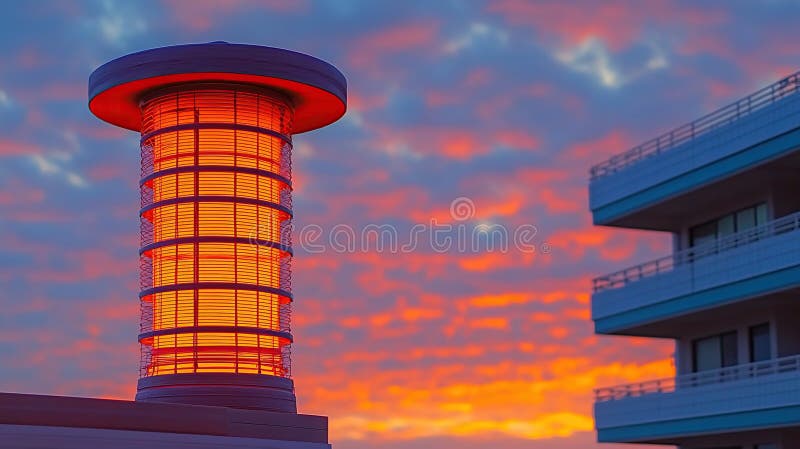Illuminated Cylindrical Tower Against a Vibrant Sunset Backdrop, with a ...