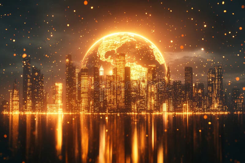 Illuminated 3d Earth Globe Over Abstract Cityscape Showcasing Global ...