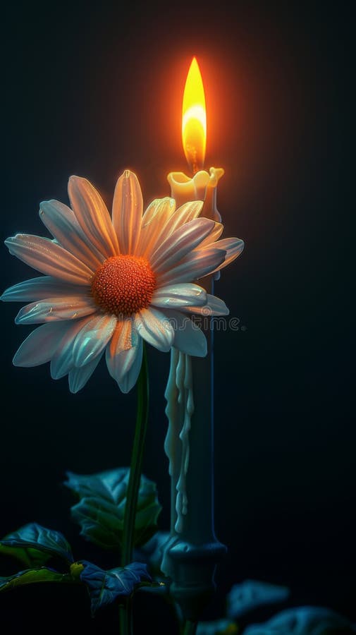 Illuminated Daisy in Front of Candle Flame: a Serene Night Scene Stock ...
