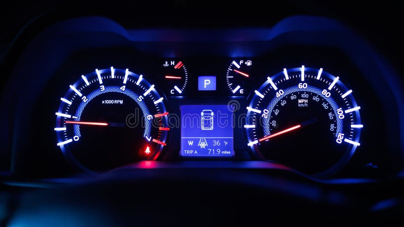 Driving with Illuminated Dash Speedometer Cluster at Night Stock Photo ...