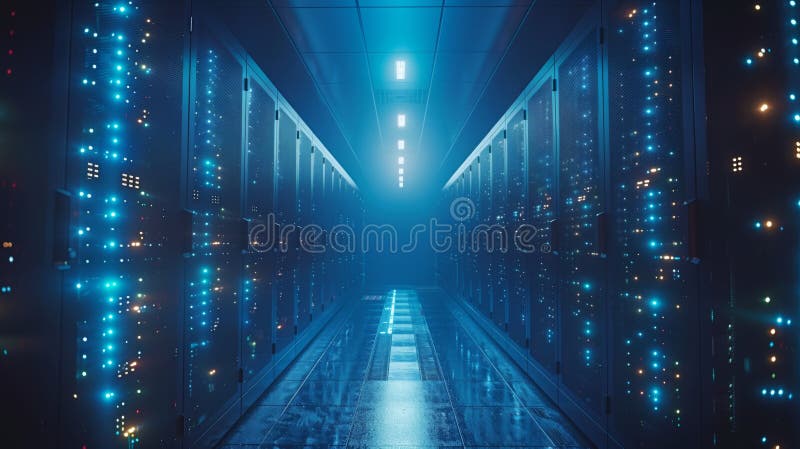Illuminated Data Center Aisle with Rows of Servers and Neon Lights at ...