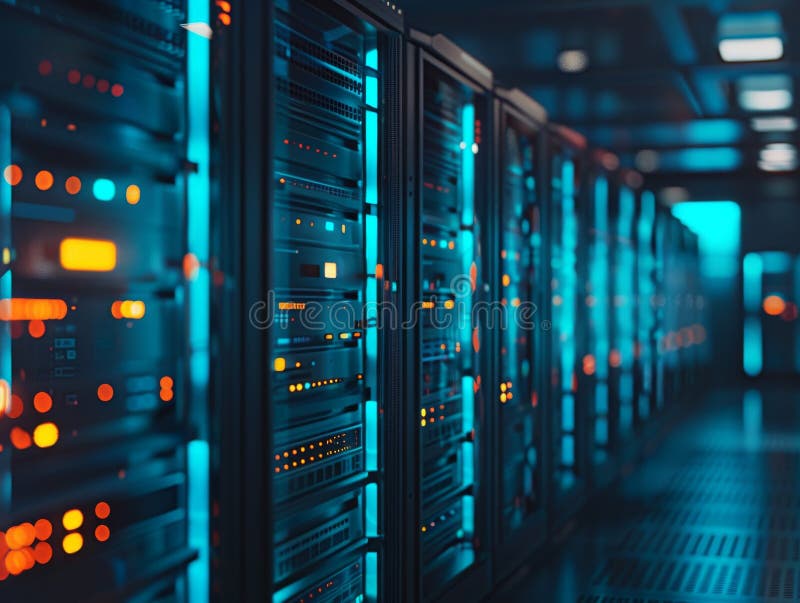 Illuminated Data Center Buzzing with Digital Vitality Stock Illustration - Illustration of ...