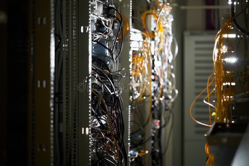 Illuminated Data Center with Complex Wiring Structures Stock Photo ...