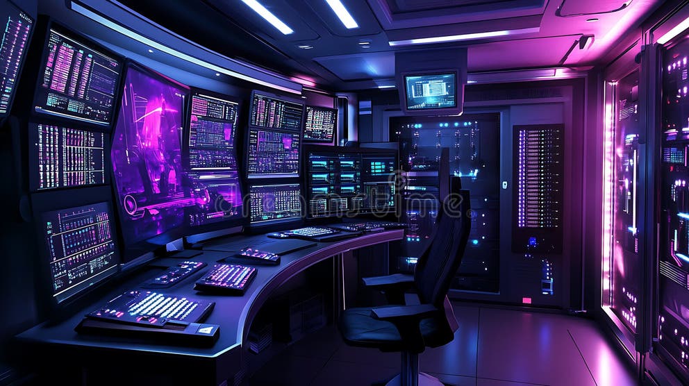 An Illuminated Data Center Control Room Filled with Screens Displaying ...