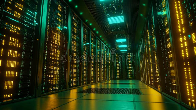 An Illuminated Data Center Corridor with Dynamic Light Effects. Stock ...