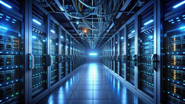 Illuminated Data Center Corridor Rows of Advanced Server Racks with ...