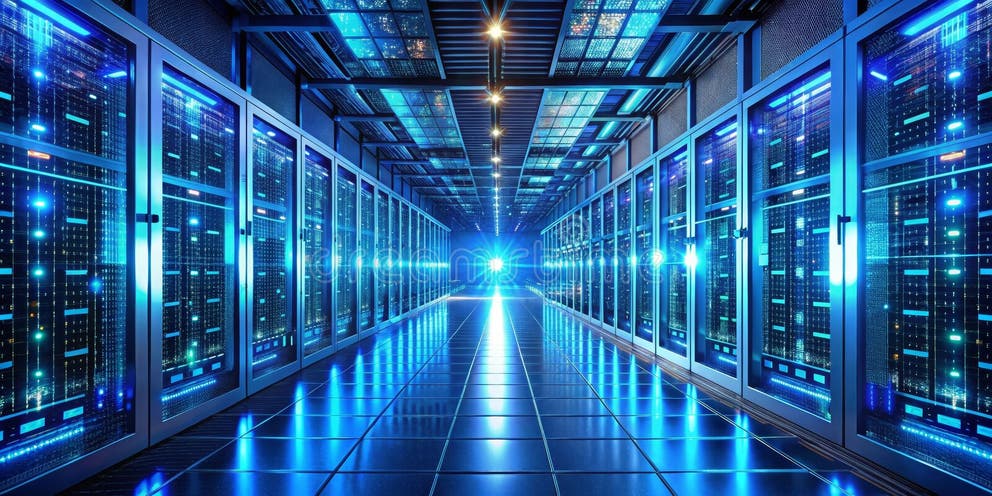 Illuminated Data Center Corridor Rows of Modern Servers in a High-tech ...