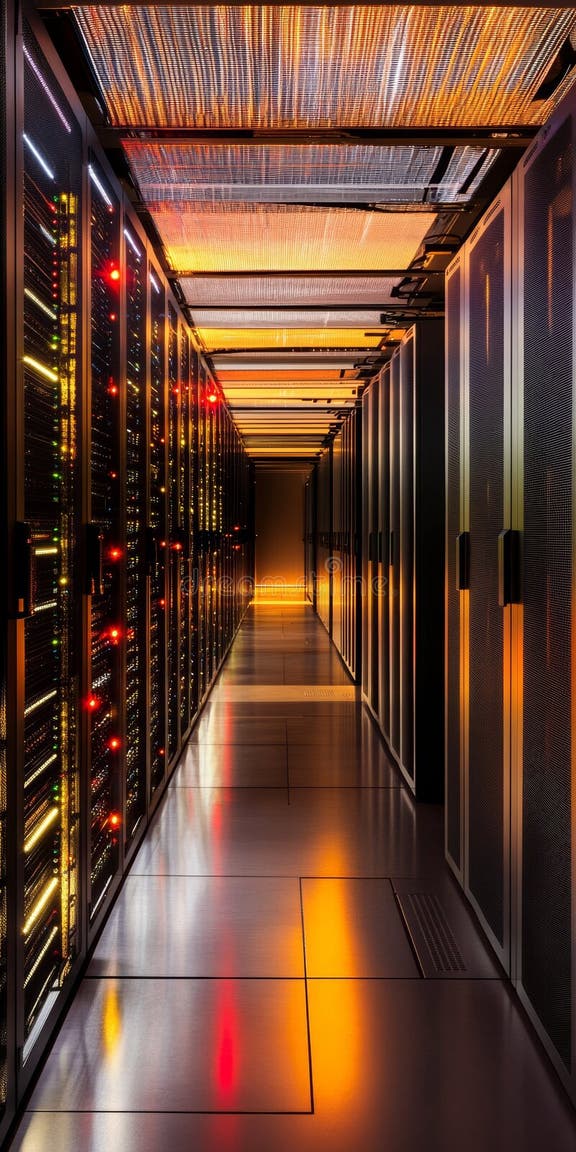 Illuminated Data Center Corridor Showcasing Modern Server Technology and Infrastructure Stock ...