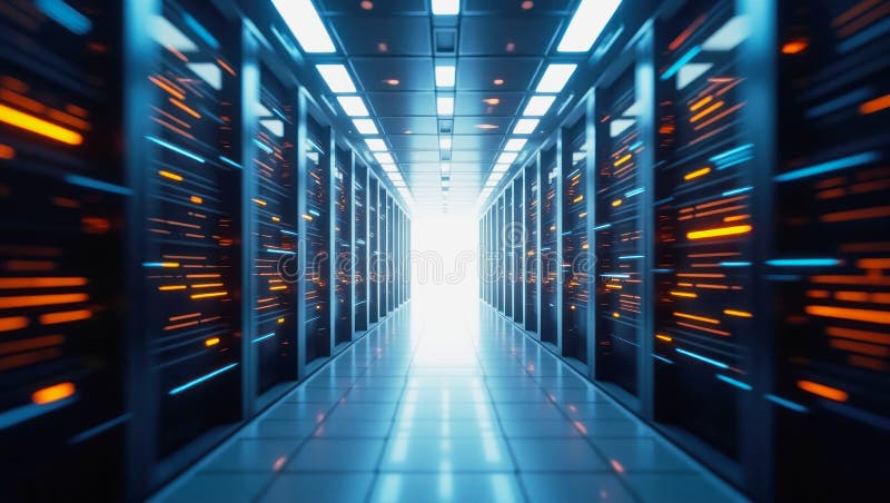 Illuminated Data Center Corridor Showcasing Rows of Servers and Vibrant ...