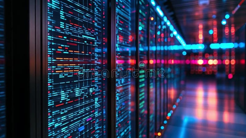 Illuminated Data Center Corridor Showcasing Vibrant Server Racks and ...