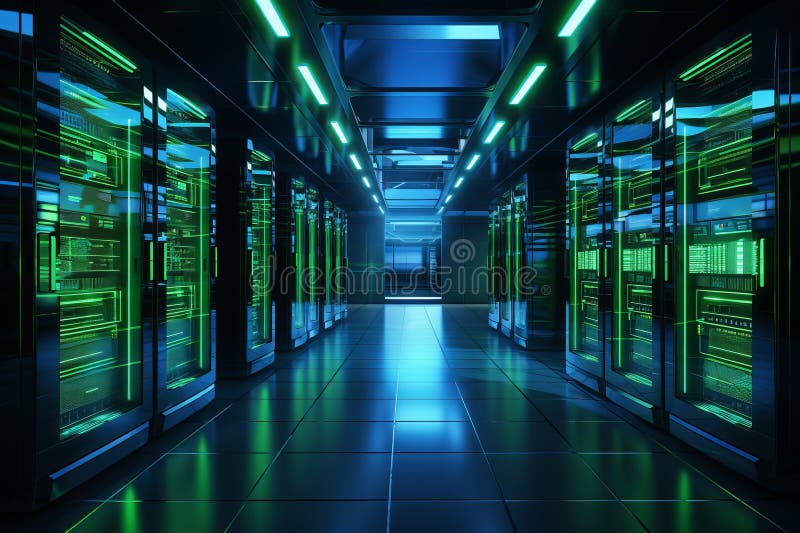 Illuminated Data Center with Glowing Servers in a High-tech Environment ...