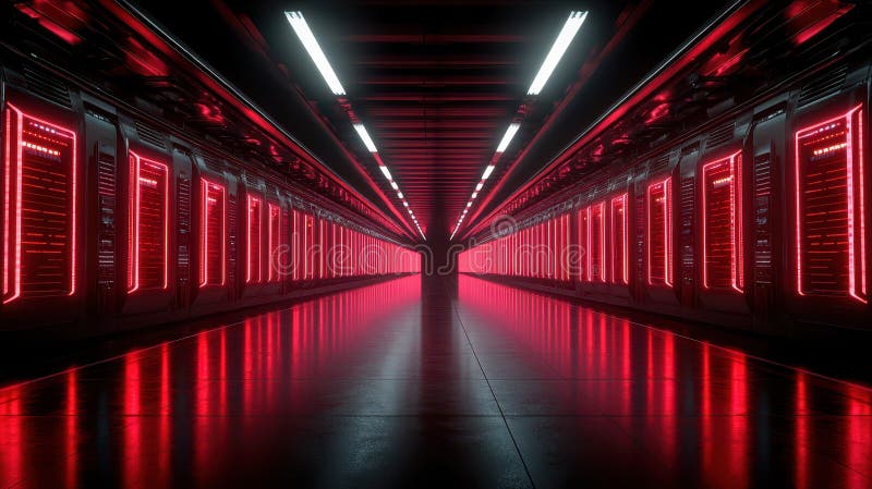 Illuminated Data Center Hallway, Red Lights and Server Racks in Modern ...