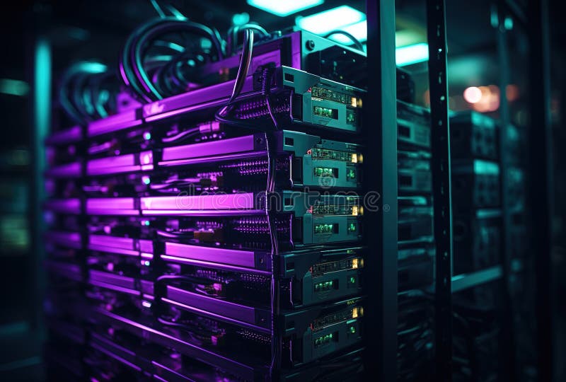 Illuminated Data Center Rack with Colorful LEDs on Servers Showing ...