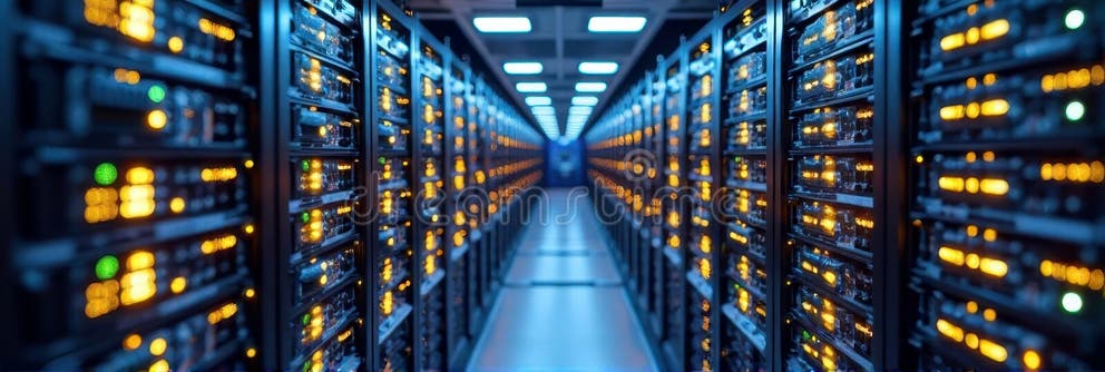 Illuminated Data Center Server Aisle with Glowing Orange and Blue ...