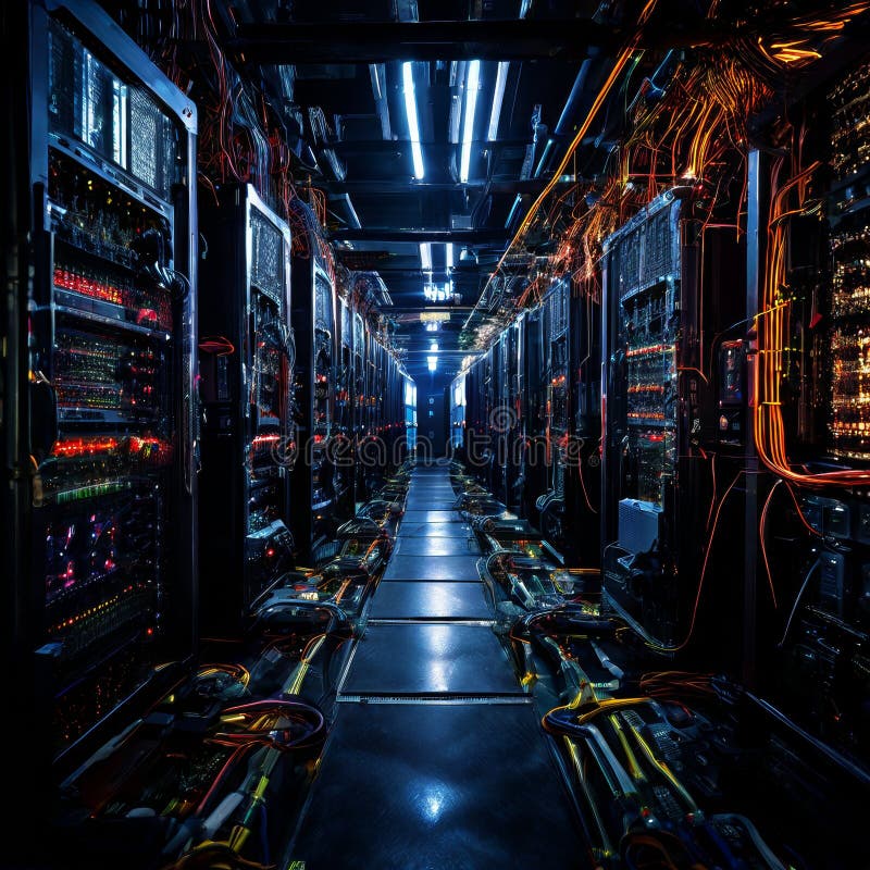 Illuminated Data Center Server Racks in a Dark Corridor Stock Photo ...