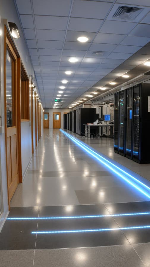 Illuminated Data Center Server Room with Rows of Racks and Bright ...