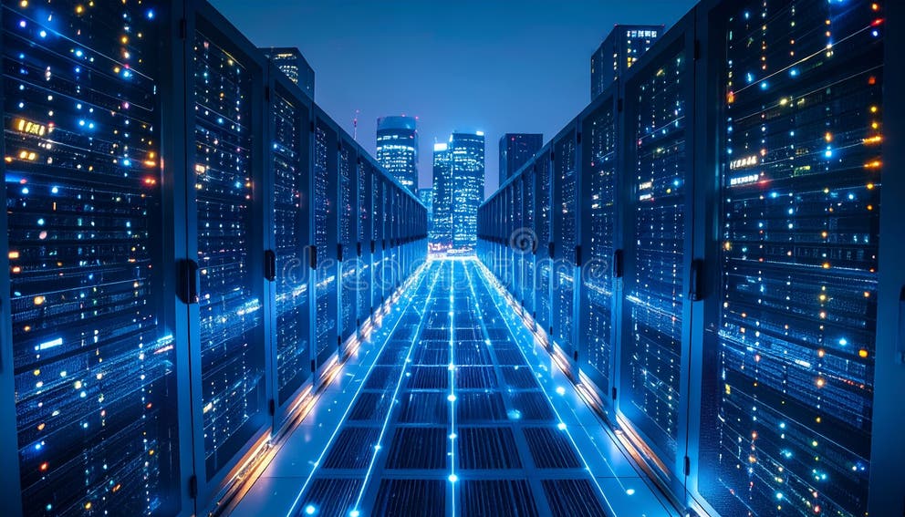 Futuristic Data Center with Cityscape Stock Illustration - Illustration of abstract, computer ...