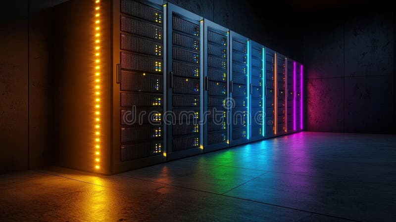 Illuminated Data Center Showcasing Vibrant Server Racks with Colorful ...