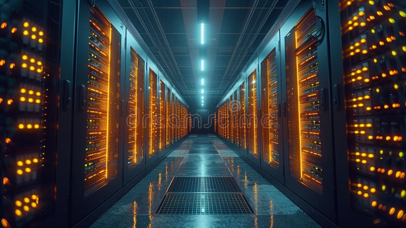 Illuminated Data Server Room with Rows of Connected Servers in a Modern ...